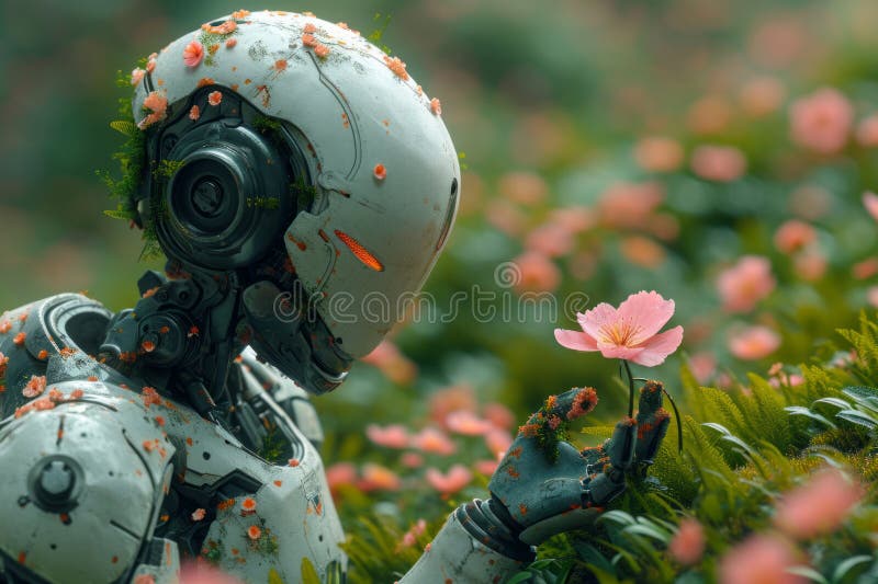 Robot Holding a Flower in a Field of Flowers. Stock Photo - Image of ...