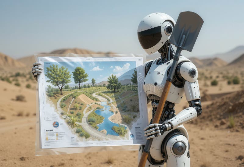 Robot Holding Landscape Plan in Desert Location with River Stock ...