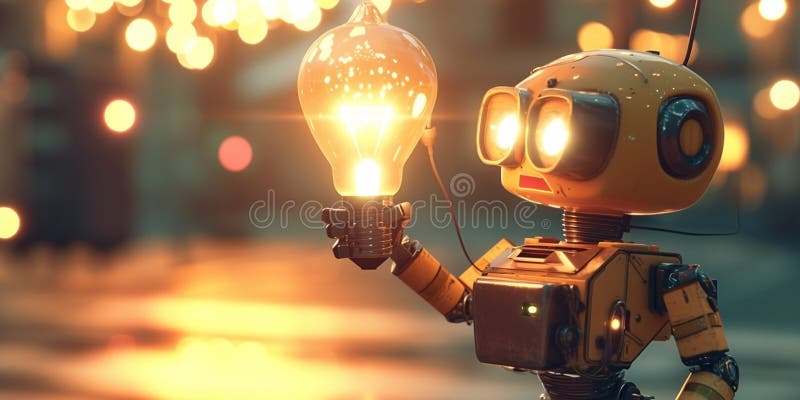 Robot Holds Light Bulb, Unreal Engine Style, with Glimmering Lights ...