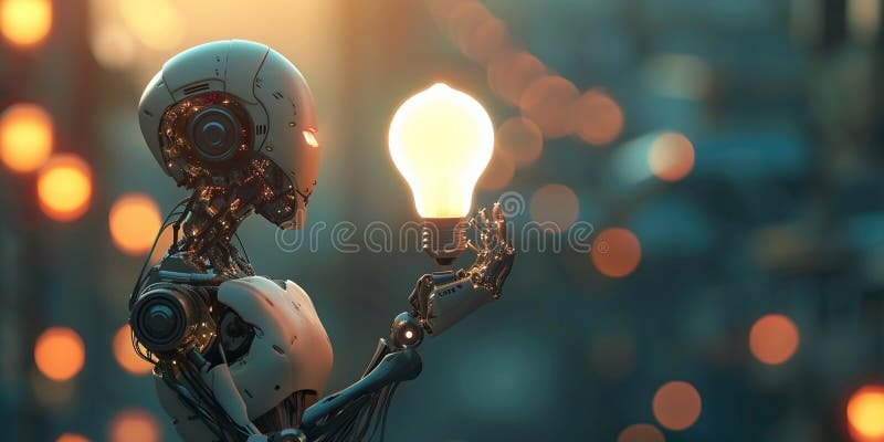 Robot Holds a Light Bulb, Styled in Unreal Engine, Glimmers. Stock ...