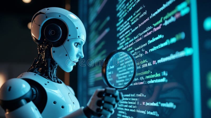 A Robot Holding a Magnifying Glass and Looking through it at a Screen ...