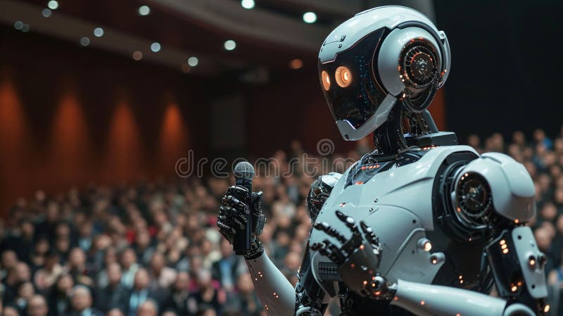 Robot Holding Microphone in Front of Crowd Stock Illustration ...