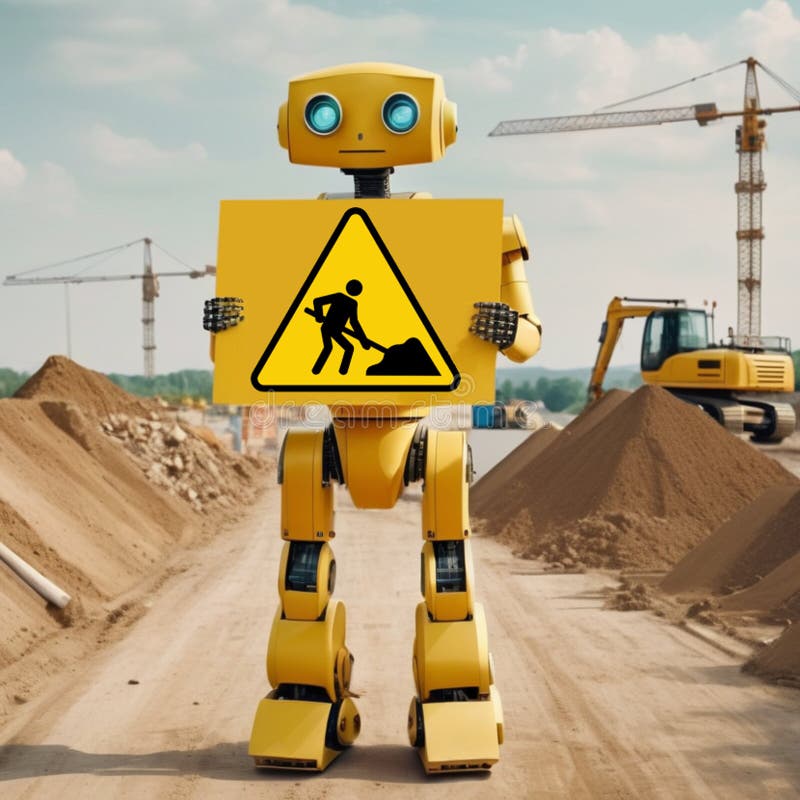 Robot Holding a Panel with Roadwork Sign on a Road Construction Site ...