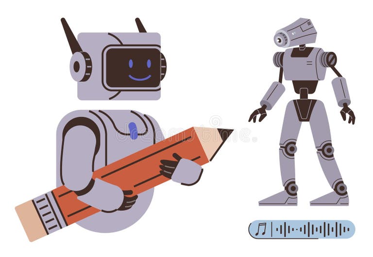 Robots Engaged in Creative and Functional Tasks with Pencil and Audio Features Stock Vector ...