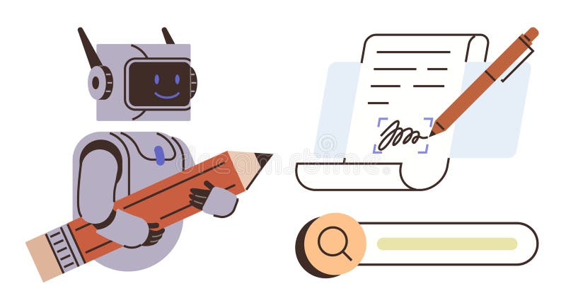 Robot Holding Pencil Editing Document with Search Bar As Symbol of AI-Powered Writing Assistance ...