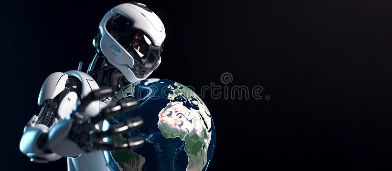 Robot Holding Planet Earth, Cyborgs Rule the World Copy Space ...