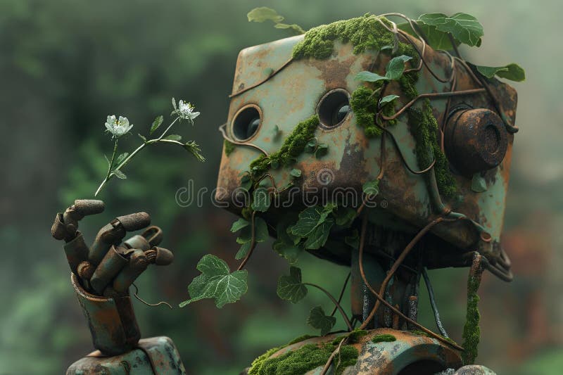 The Robot is Holding a Plant with Vines and Leaves Around it Stock ...