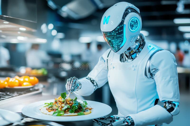 A Robot Holding a Plate of Food in a Kitchen Stock Photo - Image of ...