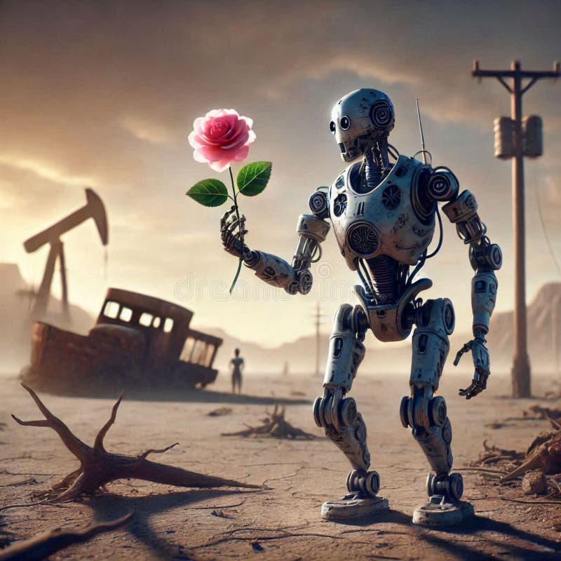 A Robot Holding a Real Flower in a Desolate Wasteland. - 1 Stock ...