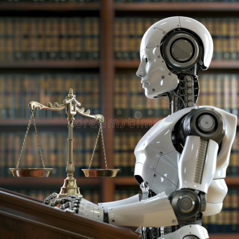 A Robot Holding a Scale of Justice in Front of a Bookshelf, Perfect for ...