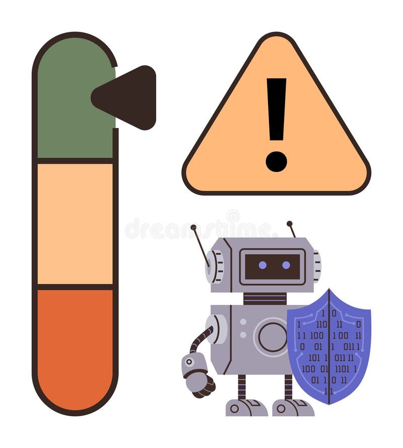 Robot with Binary Shield, Warning Sign, and Risk Level Bar for ...