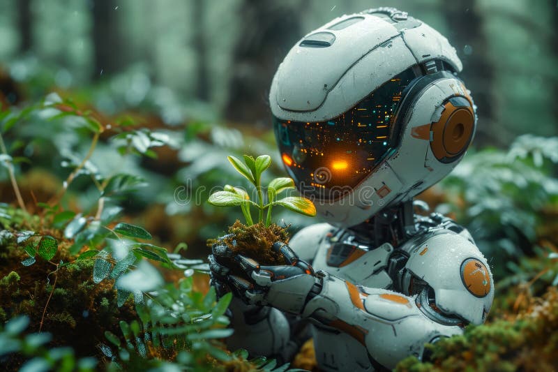 Robot is Holding Sprout in Its Hands and Examining it. Stock Photo ...