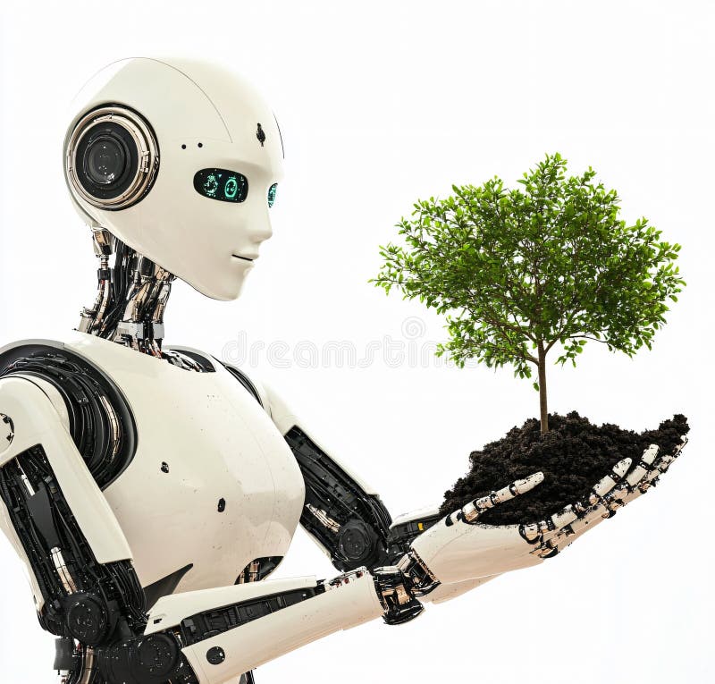 Robot Holding a Tree Sapling with Soil Stock Illustration ...