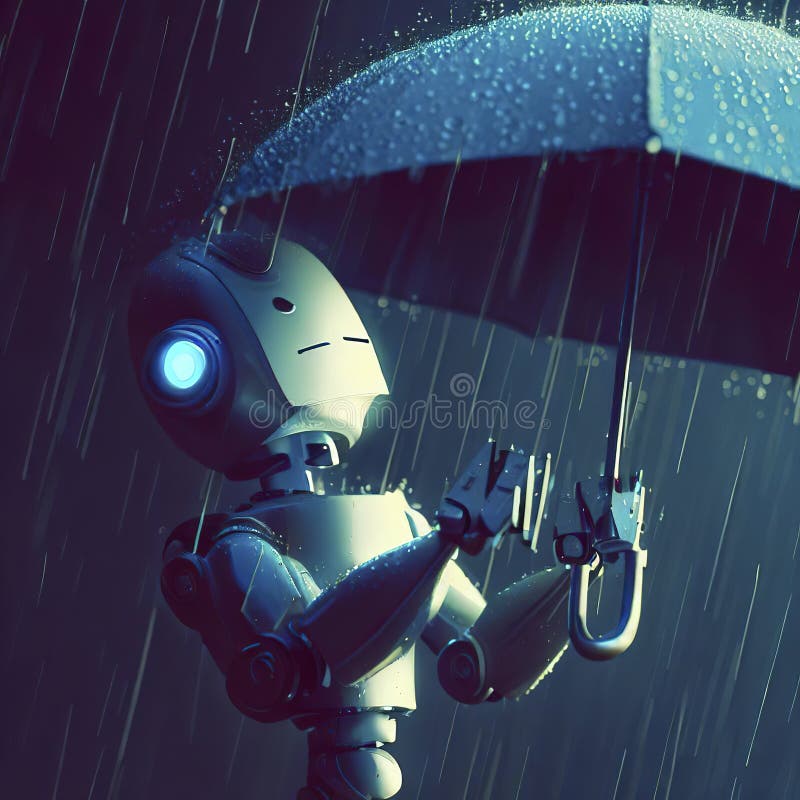 Robot Holding an Umbrella in the Rain Stock Illustration - Illustration ...