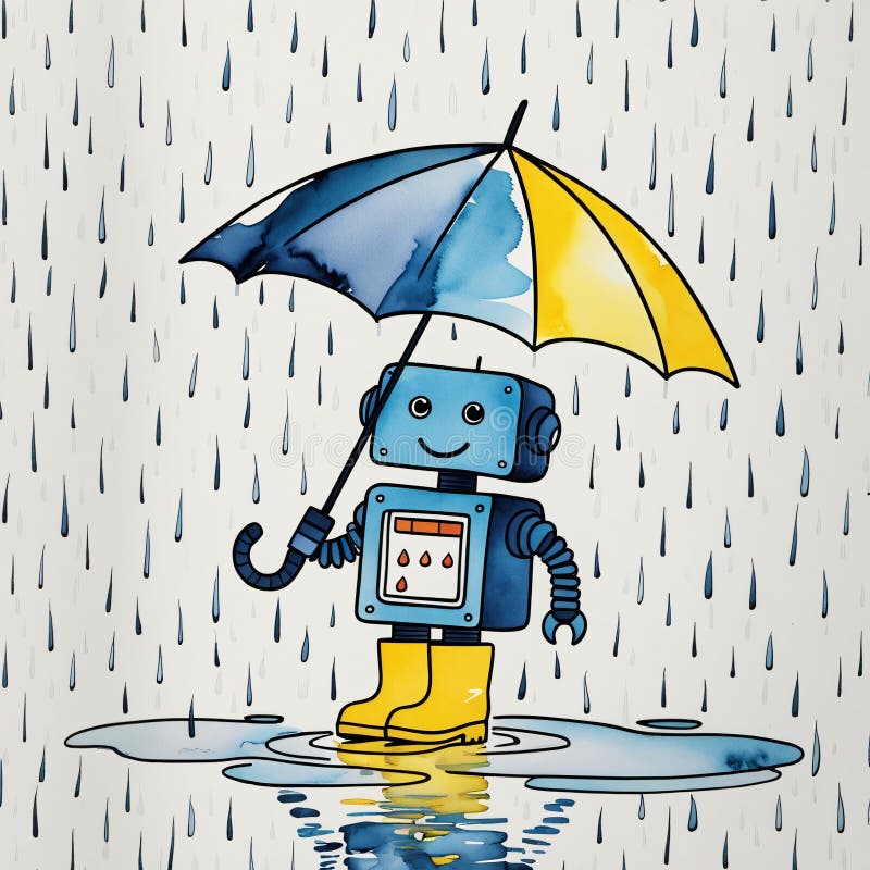 Robot Holding an Umbrella in the Rain, Ink Drawing Stock Illustration ...
