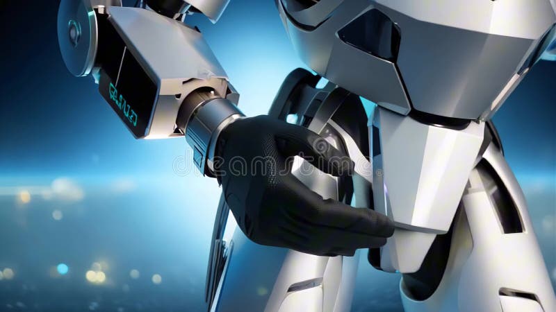 A Robot Holding a Wrapped Gift Boxes with a Bow in a Futuristic Digital ...