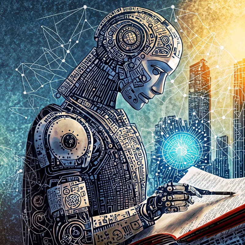 The Robot Holds a Pen and Reads an Open Book. Artificial Intelligence ...