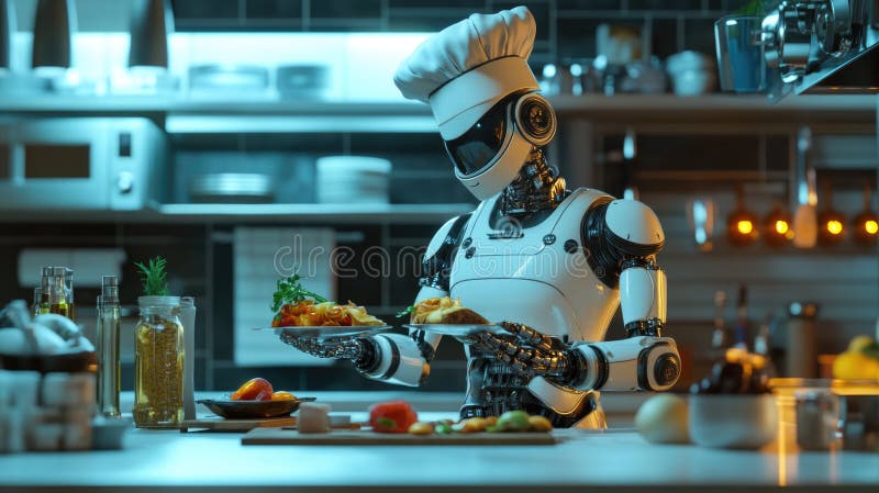 A Robot Holds a Plate of Food in a Kitchen Stock Image - Image of ...