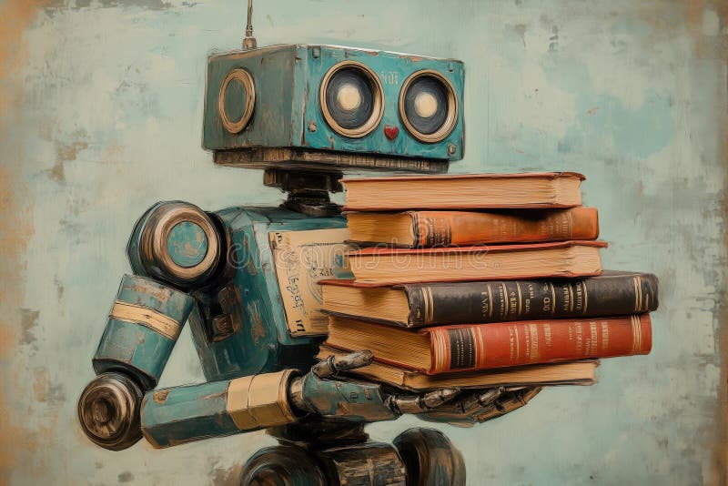 The Robot Holds a Stack of Books in His Hands. Stock Illustration ...