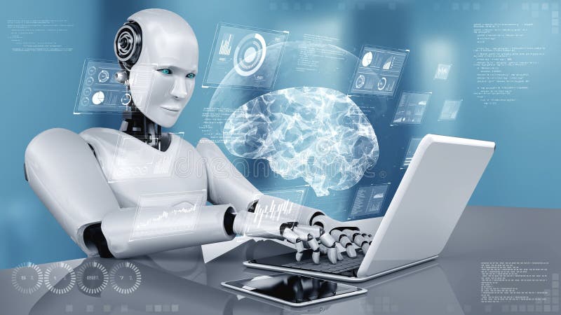 Robot Hominoid Use Laptop and Sit at Table in Concept of AI Thinking ...