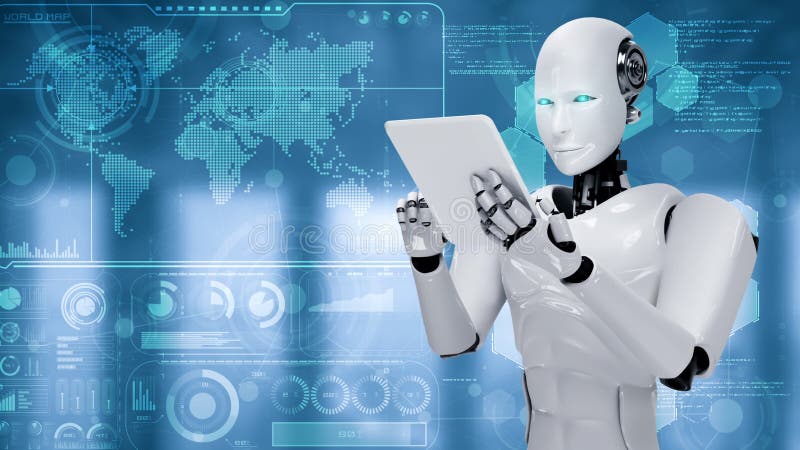 Robot Hominoid Using Tablet Computer for Big Data Analytic Stock Video - Video of statistics ...