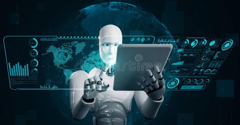 Robot Hominoid Using Tablet Computer for Global Network Connection Stock Illustration ...