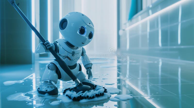 Robot Housekeeper Doing Cleaning Kitchen. Collaboration between Humans ...