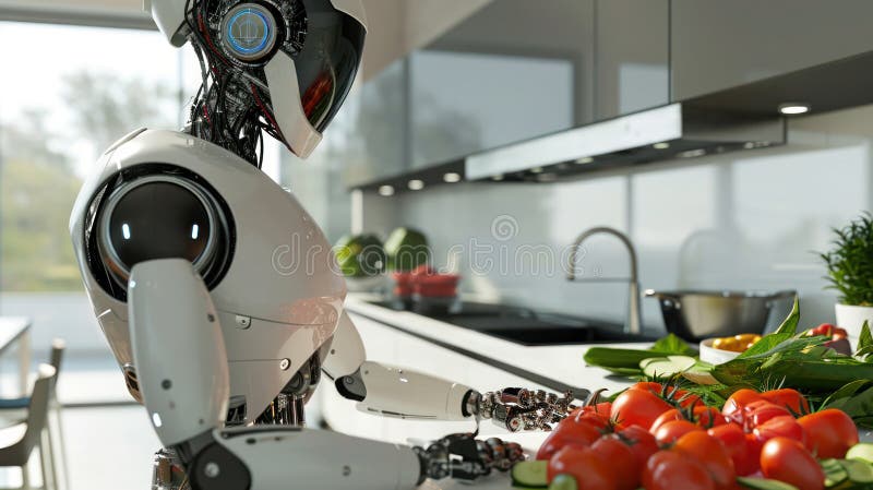 Robot Housekeeper Prepares Food in the Kitchen. Stock Photo - Image of ...