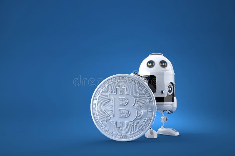 Robot with Mining Farm and Gold Bitcoin Coin. 3D Illustration Stock ...