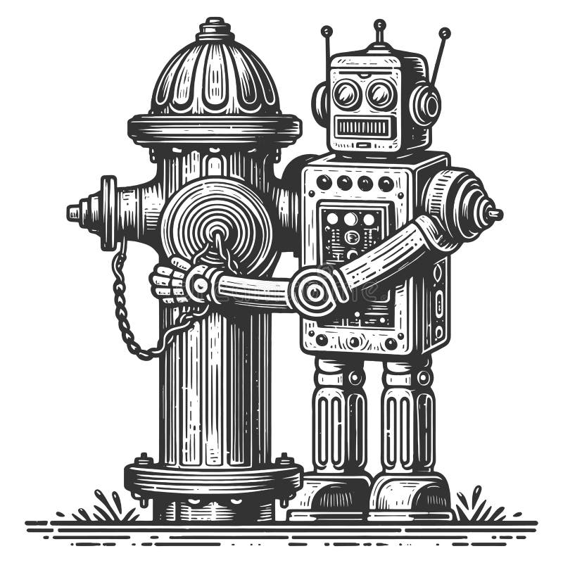 Robot Hugging Fire Hydrant Engraving Sketch Raster Stock Illustration ...