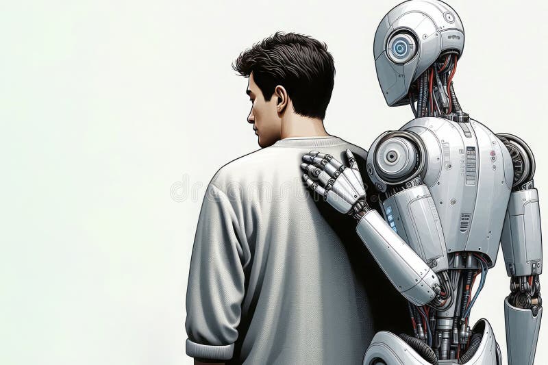 Robot Hugging a Person on a Light Background. Space for Text. Stock ...