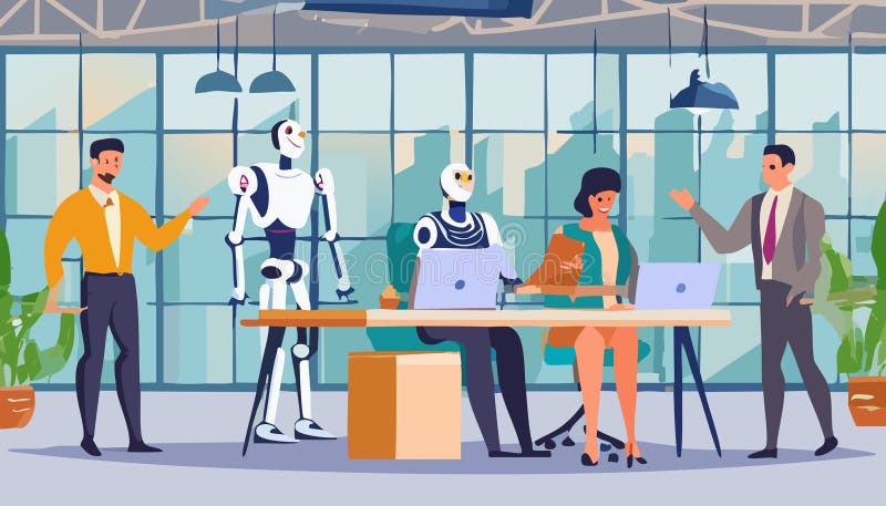 Robot and Human Characters in Office. Artificial Intelligence Concept ...
