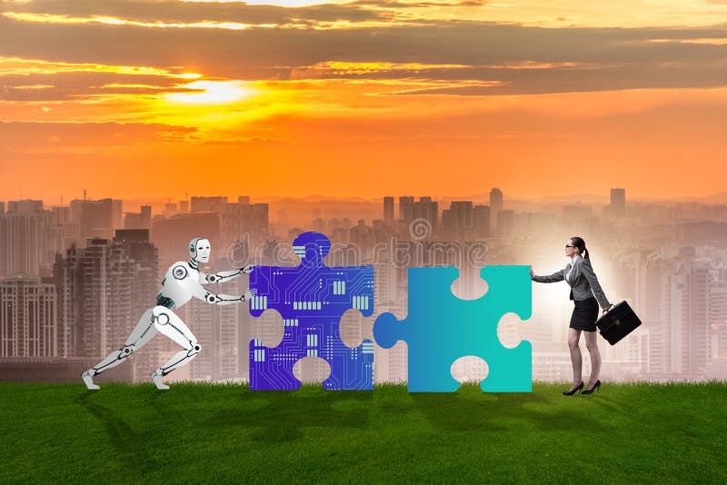 Robot and Human Cooperating in Jigsaw Puzzle Stock Image - Image of ...