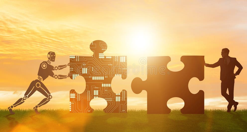 Robot and Human Cooperating in Jigsaw Puzzle Stock Image - Image of ...