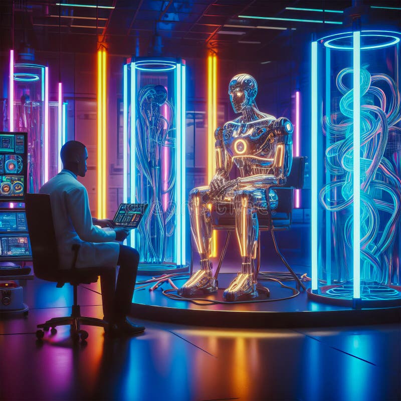 Robot and Human Explore Curiosity. Stock Illustration - Illustration of ...