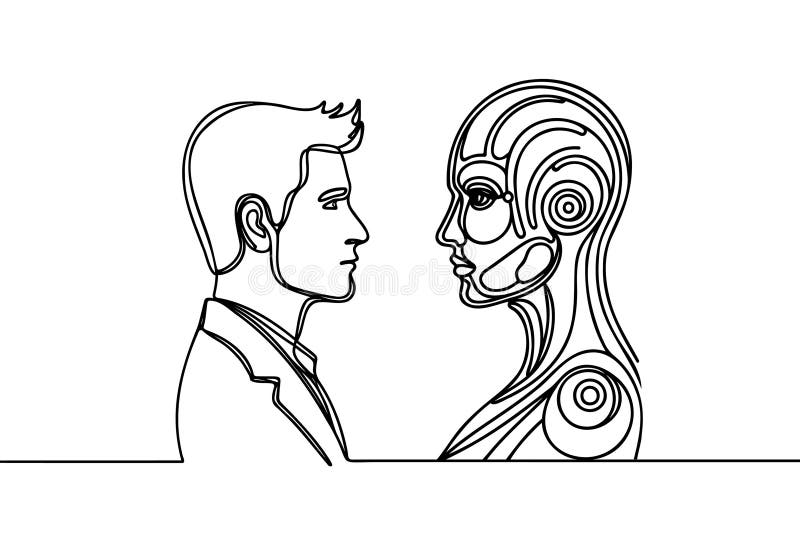 Robot and Human Face To Face Continuous One Line Drawing. Machine Vs ...