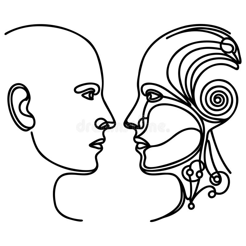 Robot and Human Face To Face Continuous One Line Drawing. Machine Vs ...