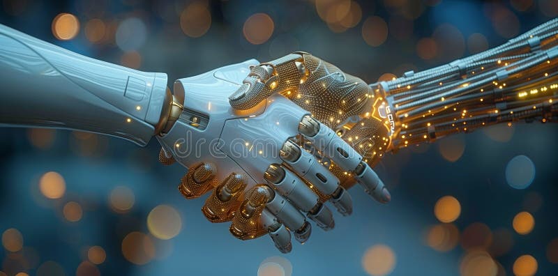 A Robot and a Human Shake Hands at an Electric Blue Art Event Stock ...