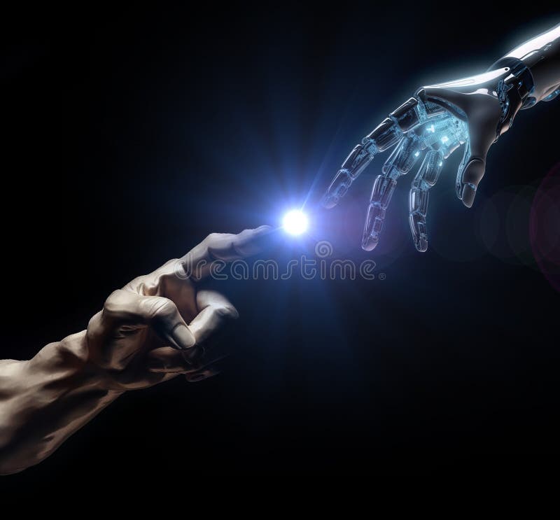 Robot, Human and Hand Touch with 3d Rendering and Dark Background with ...