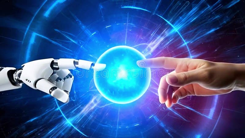 Robot and Human Hands Connecting on a Big Data Network Background Video ...