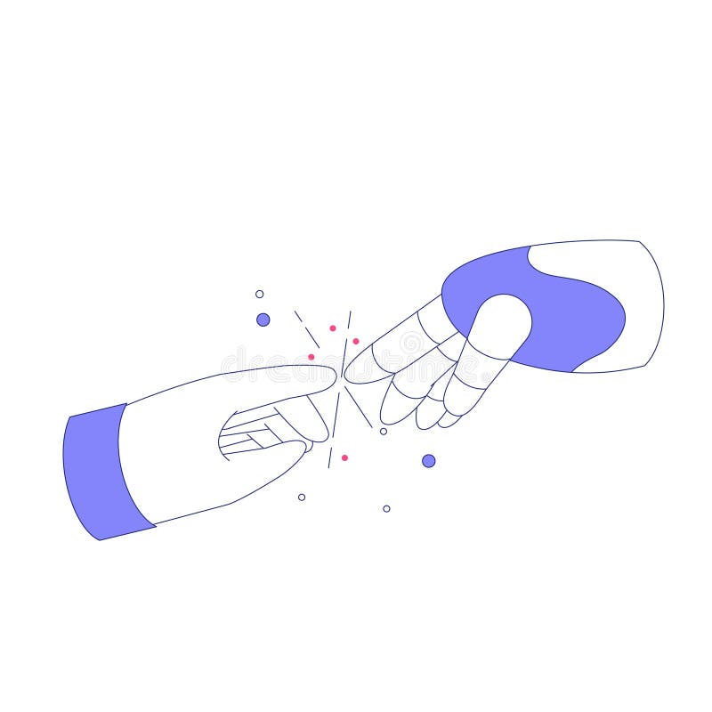 Robot and Human Hands Connecting in Flat Vector Illustration ...