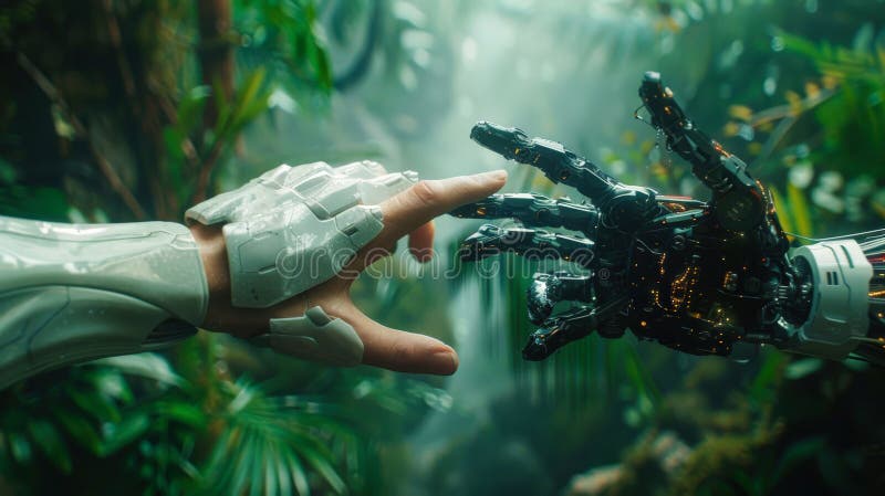 Robot and Human Hands Gently Touch Each Other. New Reality Stock ...
