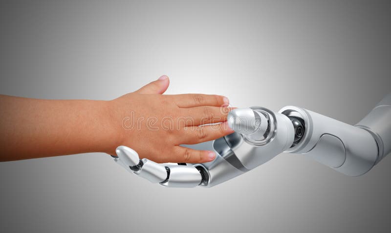 Robot and Human, Hands Touch and Connect. Smart AI, Machine Learning ...