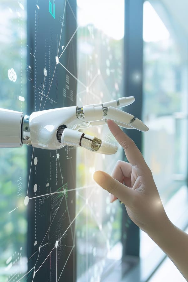 Robot and Human Hands Touch on Data Network Background, Symbolizing ...