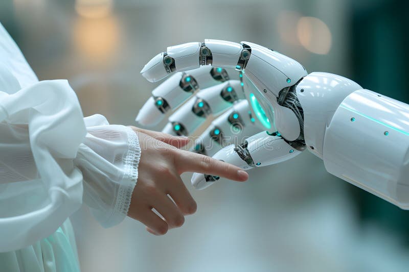 Robot and Human Hands Touch Over Big Data Network Connections Artificial Intelligence High ...