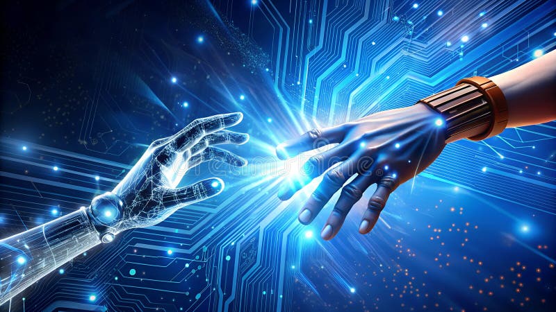 AI and Human Connection Robot and Human Hands Reaching Across Data ...