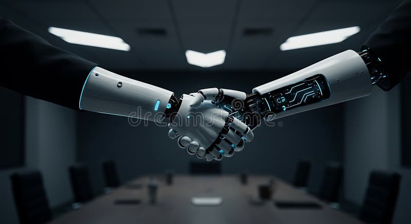 Robot and Human Handshake in Dark Meeting Room Representing Technology ...