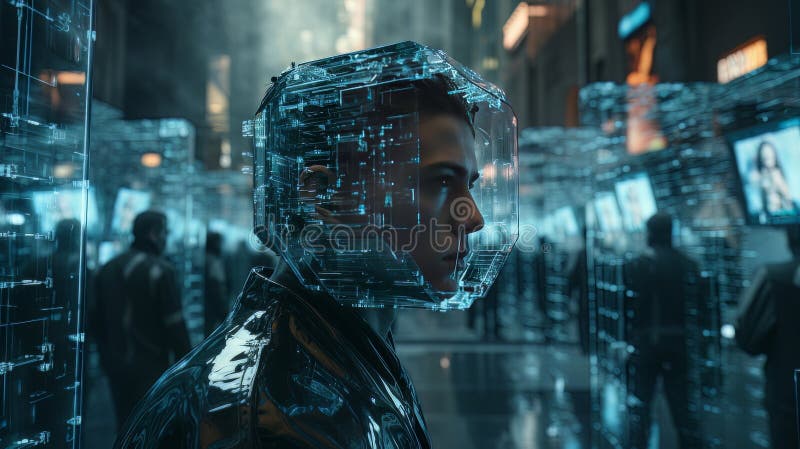 Robot with Human Man Face Sits at Computer in the Room with Monitors ...