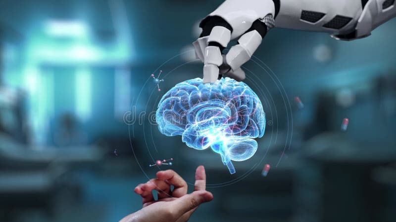 Robot and Human Reaching Hand and Pointing with Brain Icon Floating ...