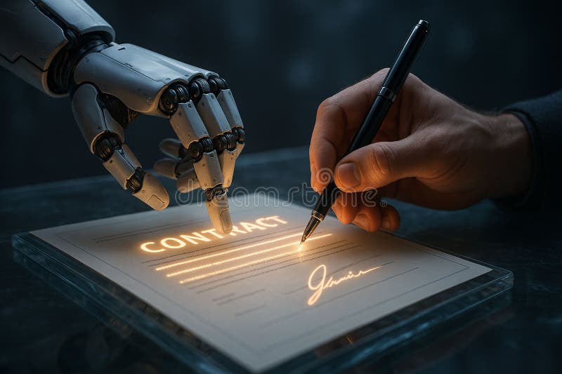 Robot and Human Signing Glowing Contract on Crystal Table Stock Photo ...